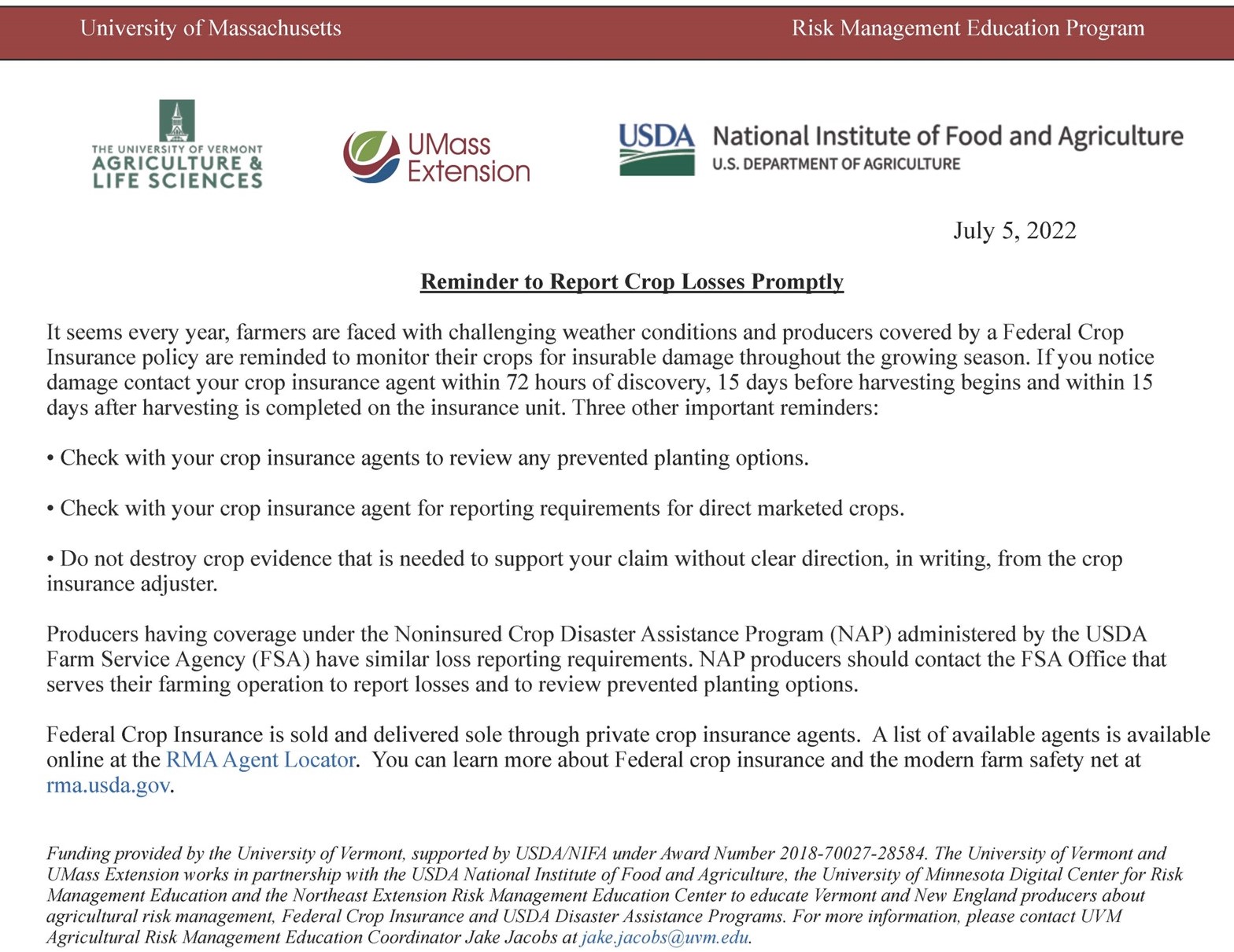 Reminder for Producers: Report Crop Losses – Out Croppings: Important ...